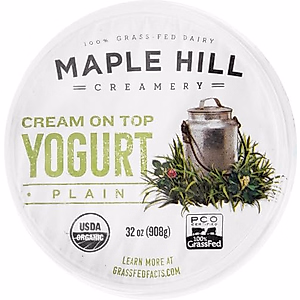 Maple Hill Creamery Organic Cream on Top Yogurt - USDA Organic Whole Milk Yogurt – Unsweetened No Sugar Added– 100% Certified Grass-Fed Yogurt, Plain, 32 oz