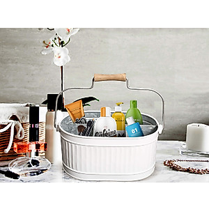 Utensil Caddy Carry-All Serveware - Galvanized Metal Organizer for Kitchen Counter - Comfortable Wooden Handle Indoor/Outdoor Storage For Flatware, Condiments, Party Cutlery, Arts - Gray/White