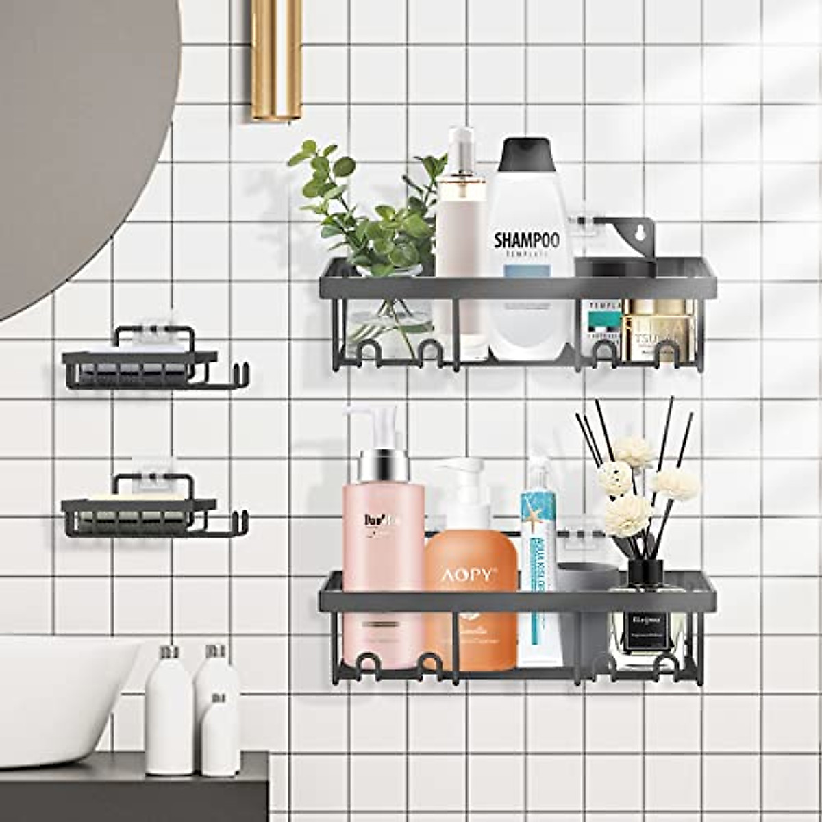 Homarkable Shower Caddy 5-Pack, Self Adhesive Bathroom Shower Organizer, Wall Mounted Bathroom Shower Rack with Soap Holder and ToothBrush Holder, Shower Shelves for Inside Shower, Kitchen (Black)
