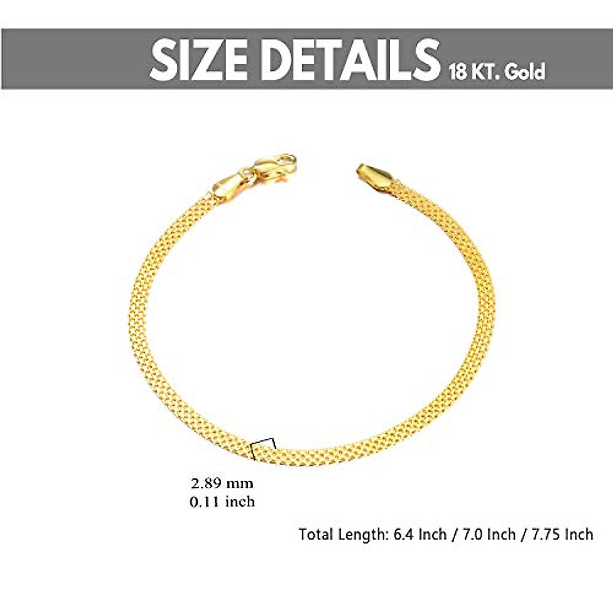 SISGEM 18k Gold Bracelets for Women, Real Gold Italian Mesh Link Chain Bracelet Jewelry for Ladies (2.8 mm)