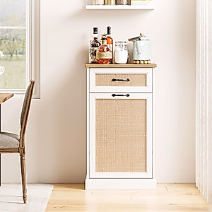 GAOMON Tilt Out Trash Cabinet with Natural Rattan, Freestanding Trash Cabinet 10 Gallon for Kitchen Dining Living Room, Hidden Garbage Bin Cabinet Storage Holder