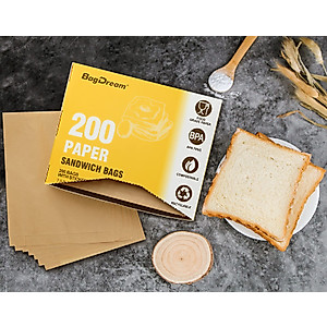 BagDream Paper Sandwich Bags 7.9x6.3x1.96" 200ct Recyclable Kitchens Paper Sack Sandwich Bags, Sealable with Thank You Stickers, Unbleached Natural Kraft Paper Bags