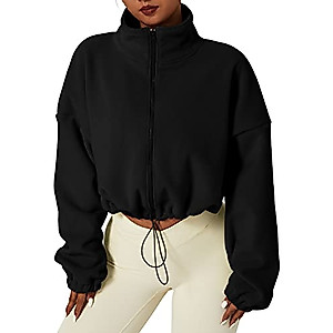 QINSEN Women's Full Zip Fleece Short Jacket Warm Winter Long Sleeve Stand Collar Sherpa Crop Coat Black M