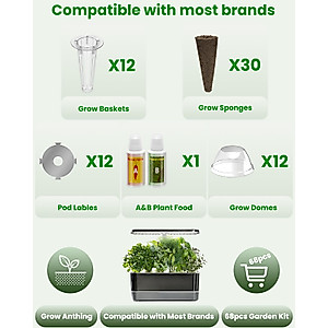 68pcs Hydroponic Pods Kit for Aerogarden, Grow Anything Kit, Indoor Garden Accessories - Compatible with All Brands (30 Grow Sponges, 12 Grow Baskets, 12 Grow Domes, 12 Pod Labels, 1 A&B Plant Food)