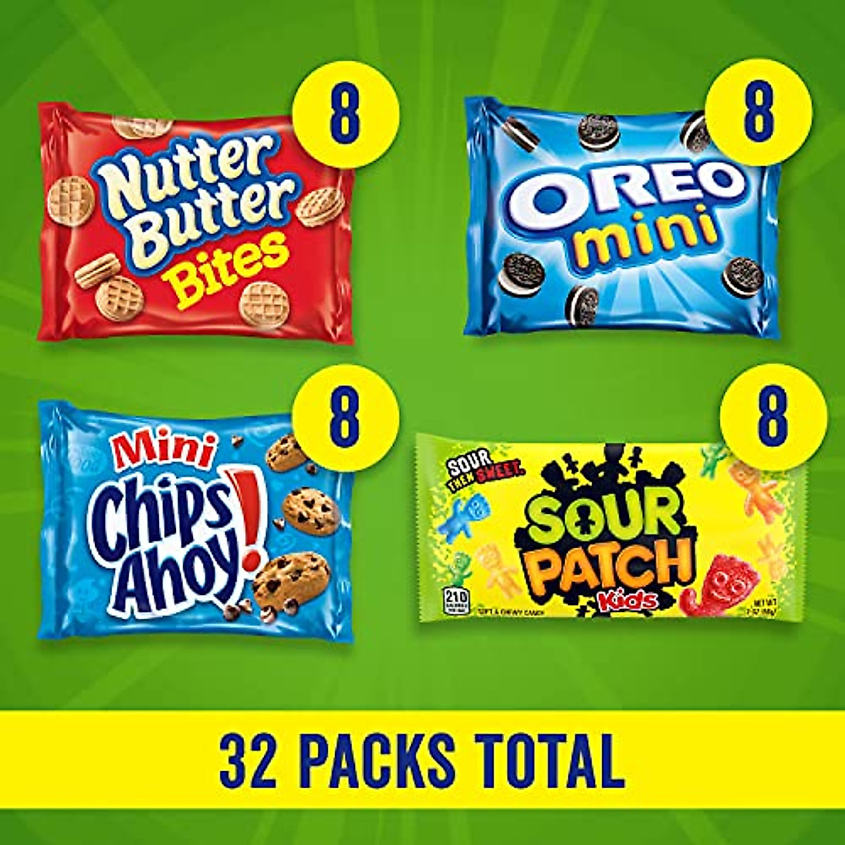 OREO Mini Cookies, CHIPS AHOY! Mini Cookies, SOUR PATCH KIDS Candy & Nutter Butter Bites Cookies & Candy Variety Pack, 32 Snack Packs