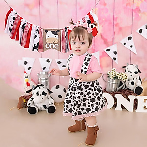 Farm Cow for First Birthday Highchair Banner - Boy or Girl High Chair One First 1st Barnyard Smash Cake Cow Western Fabric Picnic Decorations Cow , Party Decor for Baby Showers (Farm Cow Highchair