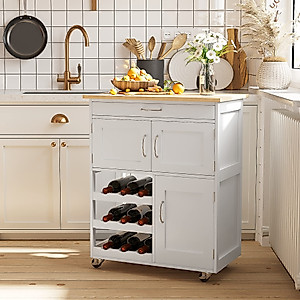 HOMCOM Bar Cart Rolling Kitchen Island on Wheels with 9-Bottle Wine Rack, Small Kitchen Cart with Wide Drawer, Kitchen Storage Cabinets, Wooden Countertop, White