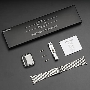 iiteeology Compatible with Apple Watch Band 44mm SE/Series 6 5 4, Upgraded Stainless Steel Link Replacement Band with iWatch Screen Protector Case Silver/Silver