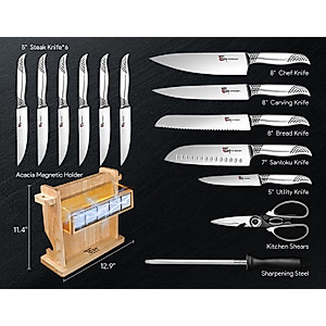 SYOKAMI Kitchen Knife Set, 14 Pieces Japanese Style Knife Block Set with Magnetic Holder, High Carbon Stainless Steel Ultra Sharp Knives for kitchen with Ergonomic Handle and Sharpener, Black Dot