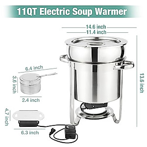 Restlrious Soup Chafer 11 QT Stainless Steel Round Soup Warmer Heating by Electric Plate or Fuel, Large Marmite Soup Chafer with Pot Lid and Frame, Commercial Grade for Catering Parties Events Banquet