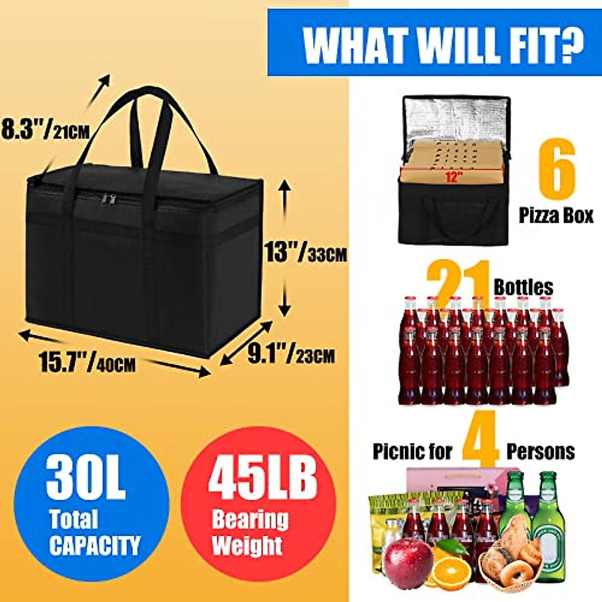 2 Pack X-Large Insulated Bag 30L Cooler Bags Insulated for Travel Pizza Bag Food Delivery Bag Insulated Reusable Grocery Bags Warm & Cooler Bags for Food & Grocery Hold for 1.5H（15.7W x 13H x 9.1D）