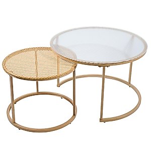 SunsGrove Outdoor Wicker Coffee Table Patio Furniture Garden Rattan Glass Table Center Table with Tempered Glass Top for Garden Lawn Porch Balcony, Gold