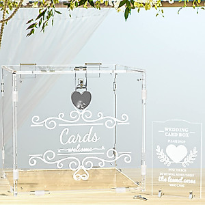 FEMELI Acrylic Wedding Cards Box with Slot & Lock, 10x9.6x9.3in Large Clear Gift Letter Envelope Card with Sign/ 2 Keys/ light for Reception Anniversary Birthday Party Baby Shower Decorations