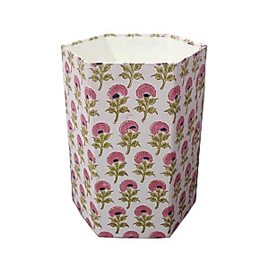 Generic Floral Hand Block Print Paper Dustbin, Cotton Printed Wastebasket, Indian Vintage Home Decor, Hotel Room Decor (1, WHITE PINK)