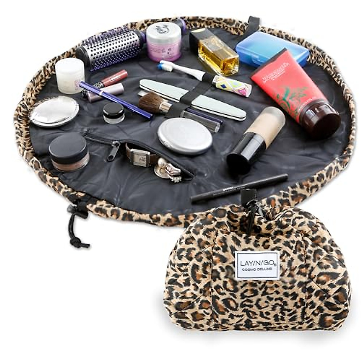 Lay-n-Go Cosmo Drawstring Cosmetic & Makeup Bag Organizer - Portable Drawstring Makeup Bag w/Zipper Pocket, Makeup Loops & More - Durable, Machine Washable Makeup Bag for Travel (22”, Leopard)