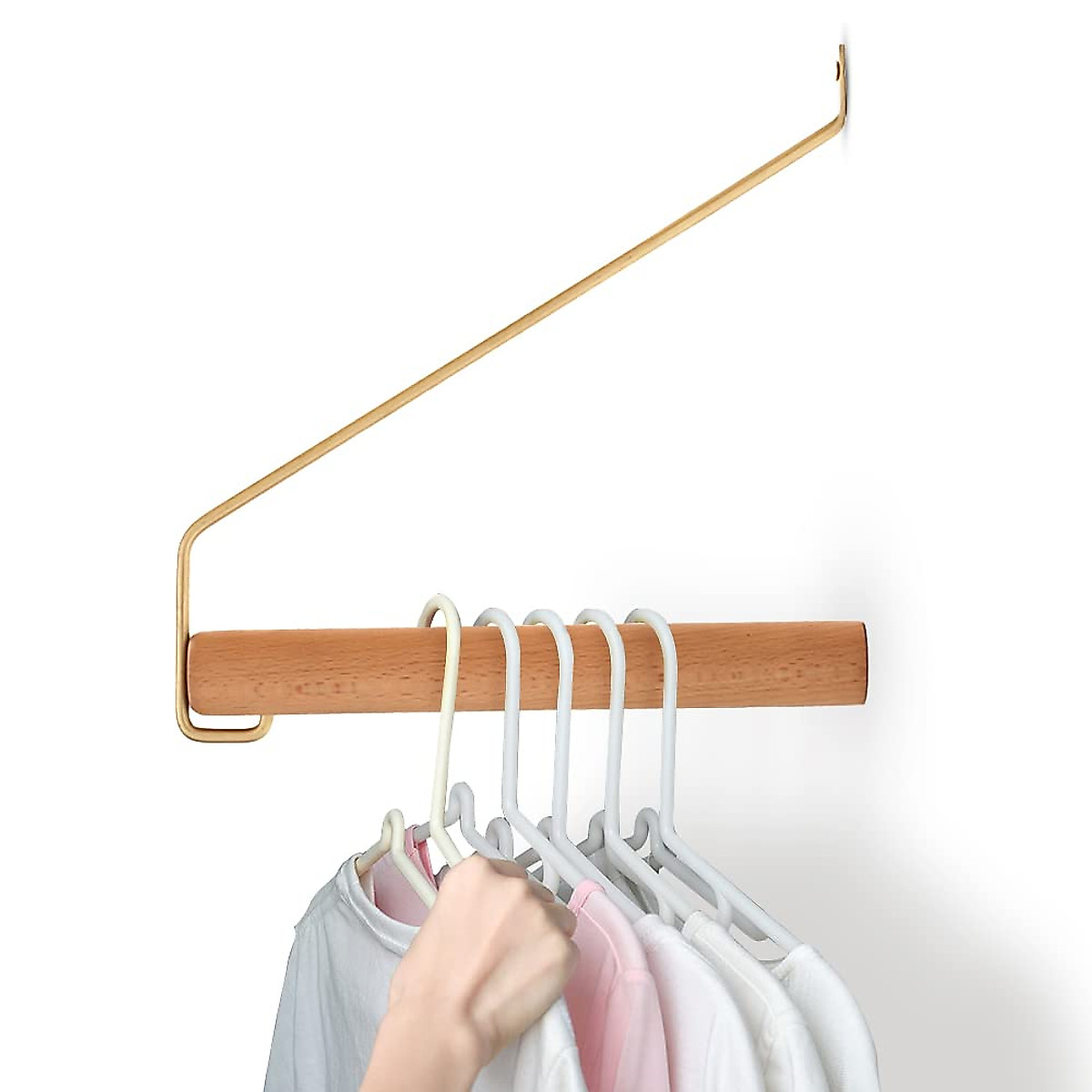 BOOMLATU Modern Brass & Wood Wall Mounted Drying Rack,Simple Space Saver Clothes Hanger for Living Balcony Bathroom Laundry Room (Beech)