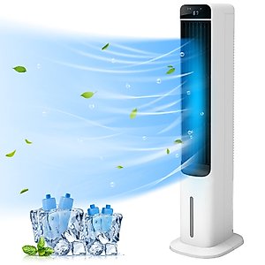 2-In-1 Evaporative Air Cooler - 41” Quiet Cooling Tower Fan Humidifier Portable Swamp Cooler with Bladeless Design, 60° Oscillation, Remote Control, 3 Modes and 3 Wind Speeds, 12H Timer, 4 Ice Boxes