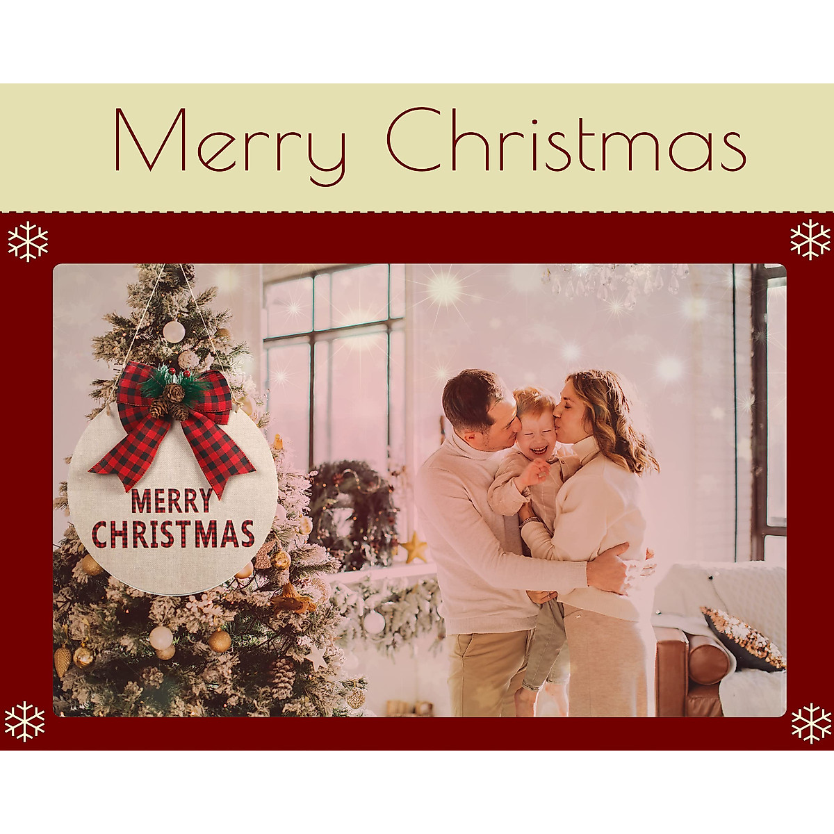 Merry Christmas Wreath Hanging Sign Front Door Round Wood Sign with Buffalo Check Bow, Rustic Xmas Linen Holiday Decor for Farmhouse Porch Living Room Home Garden Christmas Decoration.