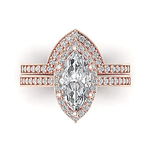 Clara Pucci 2.26ct Marquise Round Cut Laser Engraving Pave Halo White Sapphire Designer Statement Ring Band Set 18K Rose Gold Size 10
