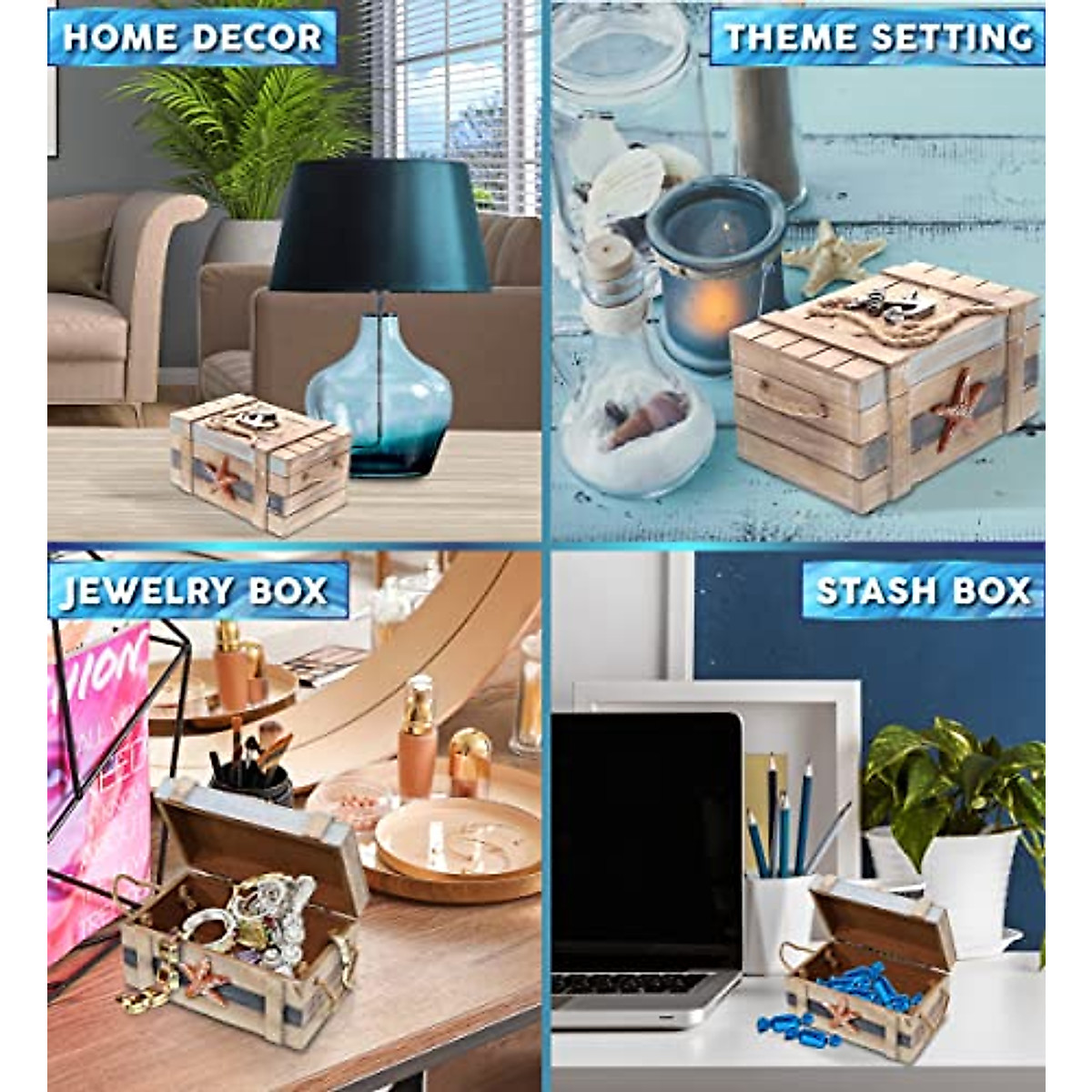 CoTa Global Neptune Wooden Jewelry Box - Handcrafted Nautical Trinket with Starfish and Boat Anchor Decorations, Accent Tabletop Home Decor, Beach Starfish Jewelry Storage Organizer - 6.5 Inches