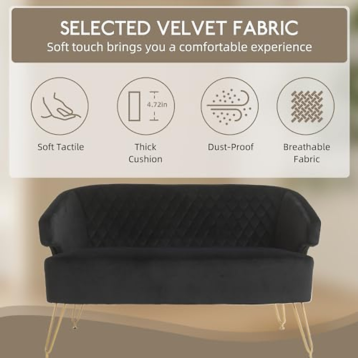 QQU Modern Velvet Loveseat Sofa, Comfy Upholstered Seat Couch with Metal Legs, 2-Seater Accent Sofa Chair, Living Room Sofa with Tufted Backrest, Black