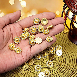50 pcs Rhinestone Faux Pearl Buttons Accessory Decoration Craft for DIY Scrapbooking Embellishments Wedding Bouquet Flower Centre Home Decor 14mm (Gold)