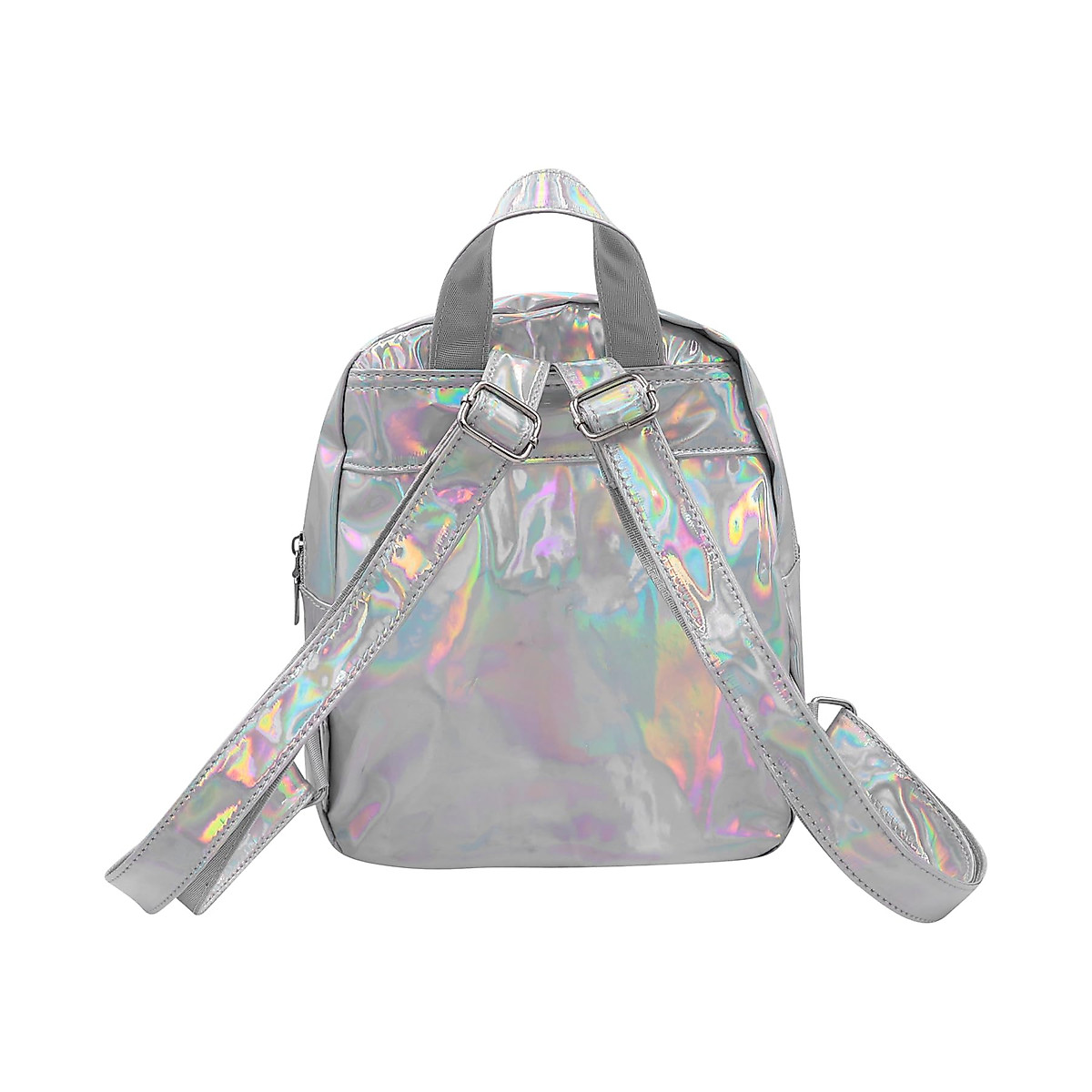 MOSSTYUS Small Holographic Backpack Rainbow Shoulder Bag Metallic Satchel Shiny Travel Daypack for Women Men Lady