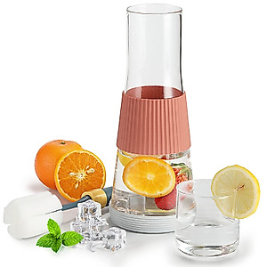 LYSTAR Glass Water Bottles, Bedside Water Carafe and Glass Set,Transparent Glass Cups Are Also Lids. Silicone Coasters, Mouthwash Dispenser for Bathroom, Heat Cold Resistance Juice Glass (30oz/850ml)