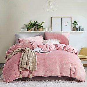 YASMENG Fluffy Velvet Duvet Cover Set Blush Pink Queen Size Fall Winter Soft Warm Flannel Comforter Cover Girls Pink 90" x 90" Luxury Cozy Plush Fleece Reversible Bedding Duvet Cover Set Pale Pink