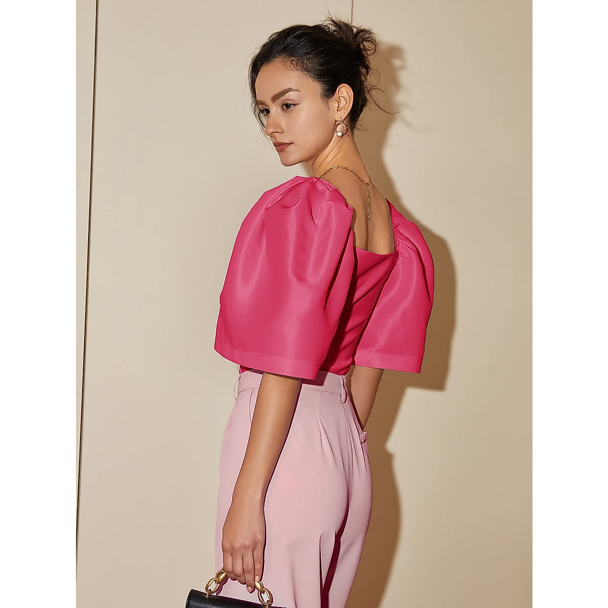 Floerns Women's Square Neck Puff Short Sleeve Elegant Blouse Crop Top Pink M