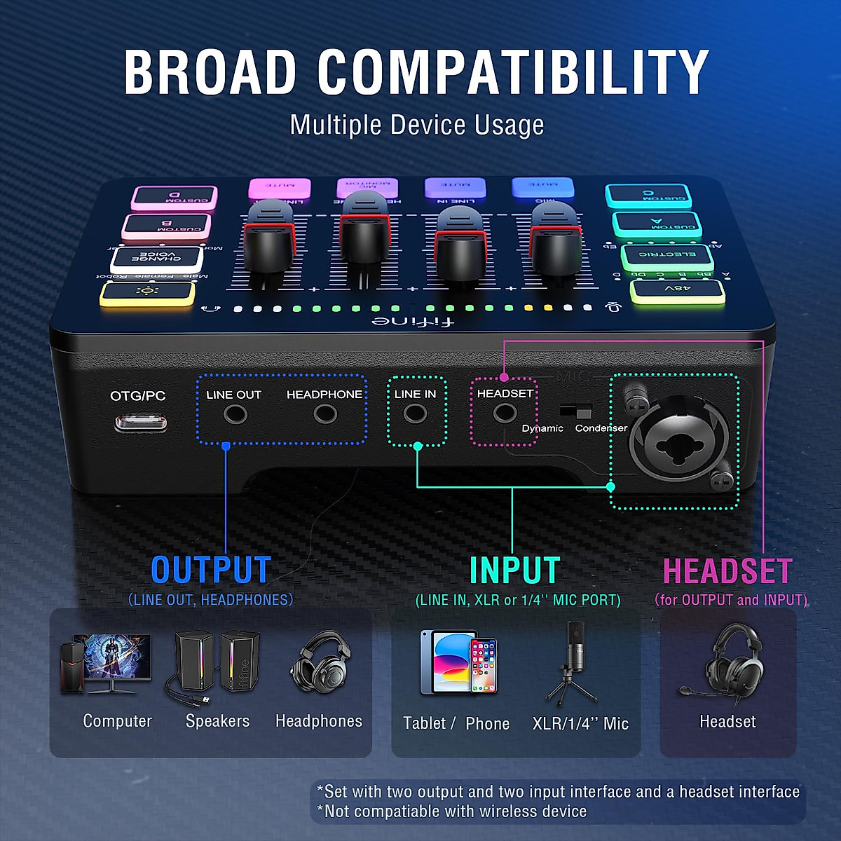 FIFINE Gaming Audio Mixer, Streaming RGB PC Mixer with XLR Microphone Interface, Individual Control, Volume Fader, Mute Button, 48V Phantom Power, for Podcast/Recording/Vocal/Game Voice-AmpliGame SC3