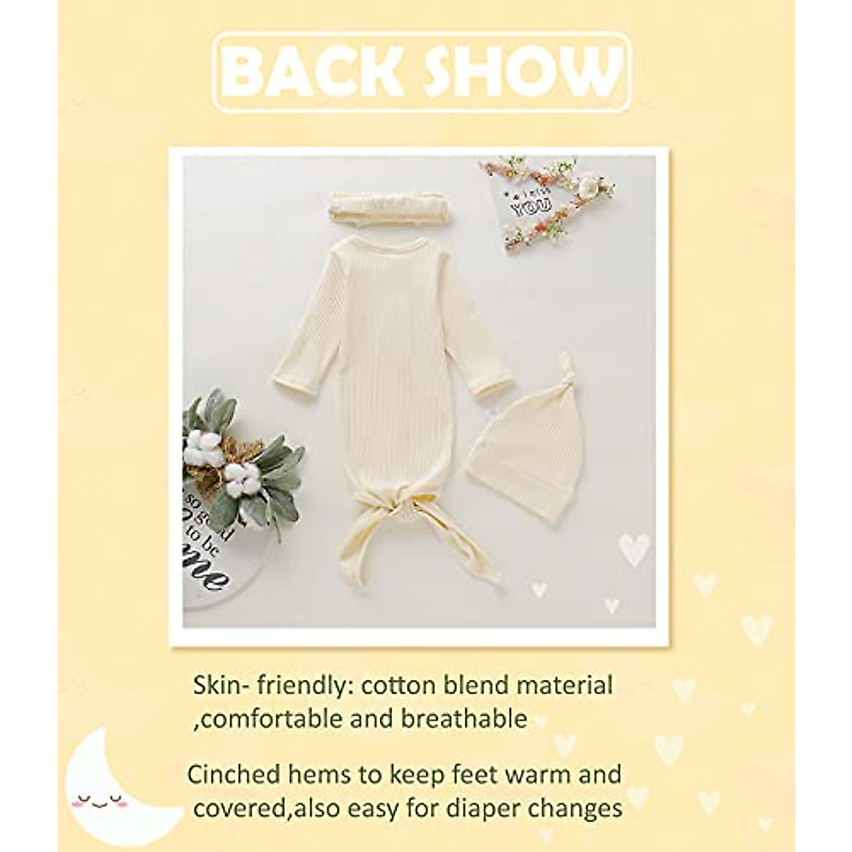 MoryGooder Newborn Cotton Nightgowns Neutral Knotted Sleeper Baby Coming Home Outfit (White,0-6 Months)