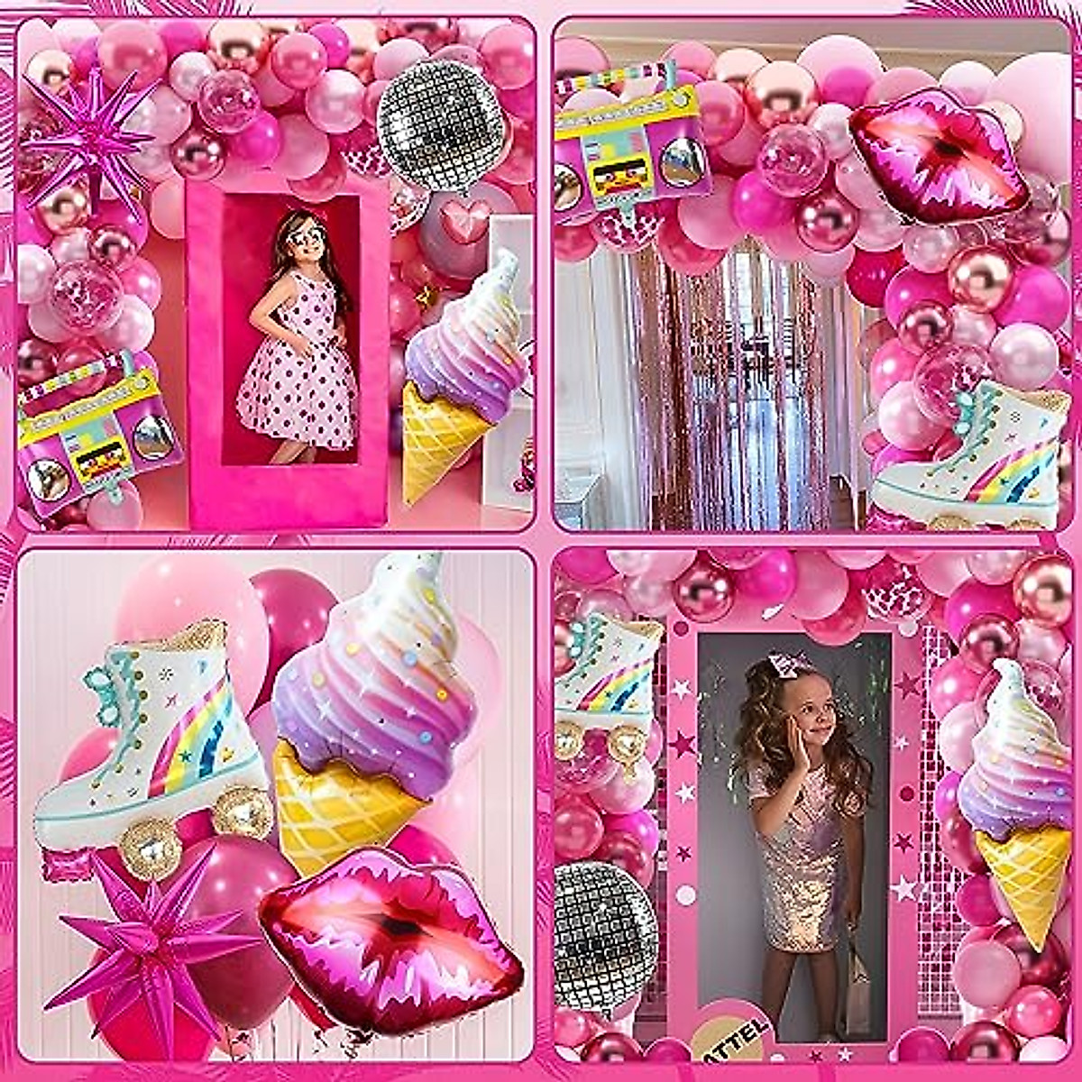 Pink Balloon Garland Arch Kit Hot Pink Rose Gold Metallic Balloons Silver Disco Roller Skate Radio Ice Cream Balloon for Girl's Birthday Party Decorations Pink Princess Doll Theme Party Supplies