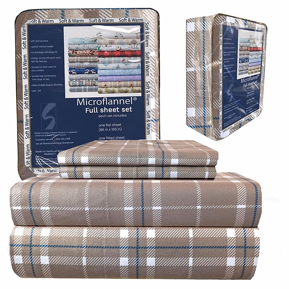 Thermee Micro Flannel Full-Size Sheet Set, Machine Wash & Dry, No Pilling, 16" Deep Pocket, 2 Pillowcases, Fashion Plaid Bark