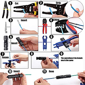 Solar PV Crimping Tool for MC3 Cable Connector, with 5 Pairs Male Female Solar Connector + 2pcs Spanners Wrench + 1pc Wire Stripper and Cutter + 1pc Wire Crimper for 2.5/4/6mm² Solar PV Wire