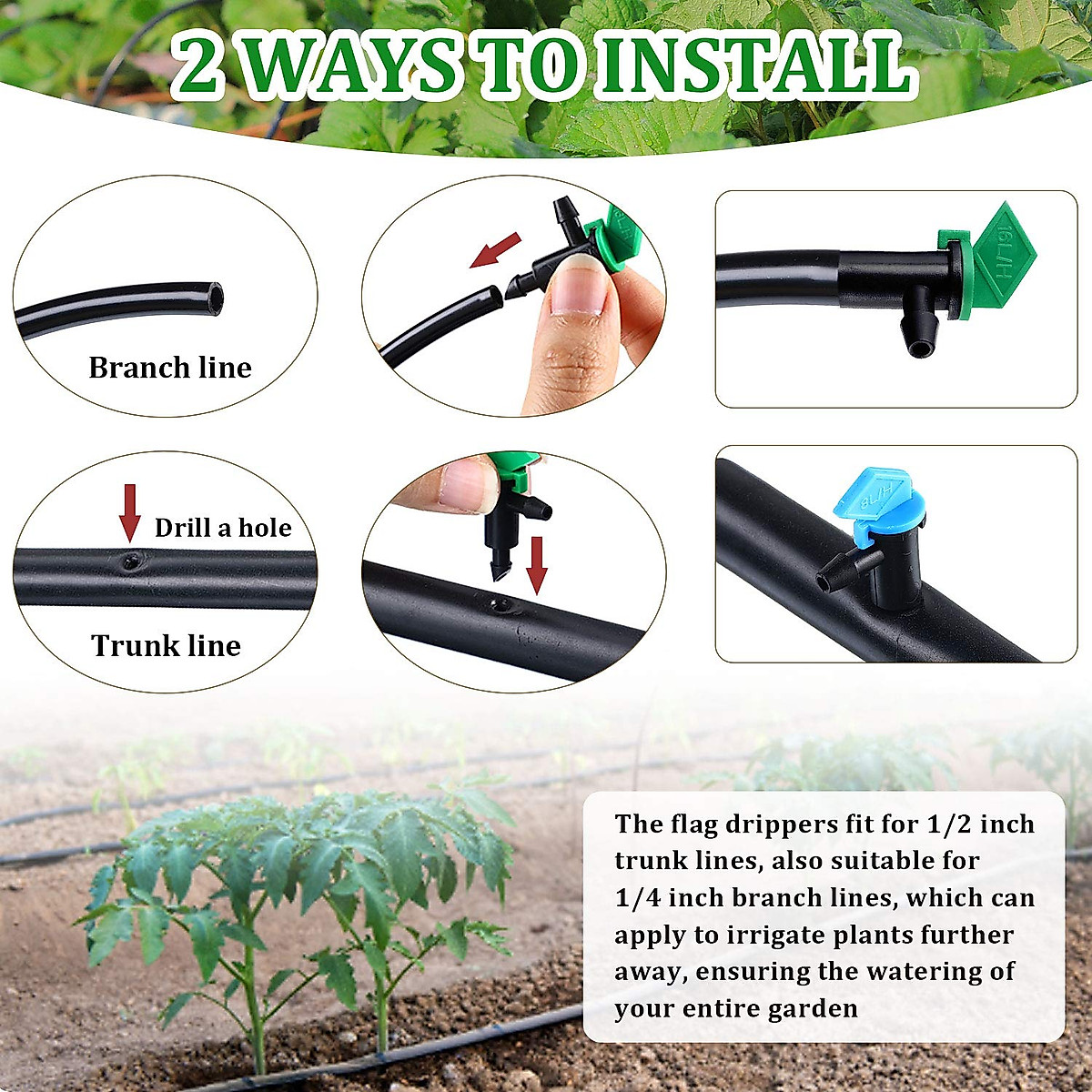 Mudder 60 Pieces Drip Emitter Garden Flag Irrigation Dripper in 3 Sizes, Trees and Shrubs, 1 GPH, 2 GPH, 4 GPH