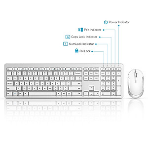 Full Size Slim Thin Wireless Keyboard and Mouse Combo with Numeric Keypad with On/Off Switch - White & Silver