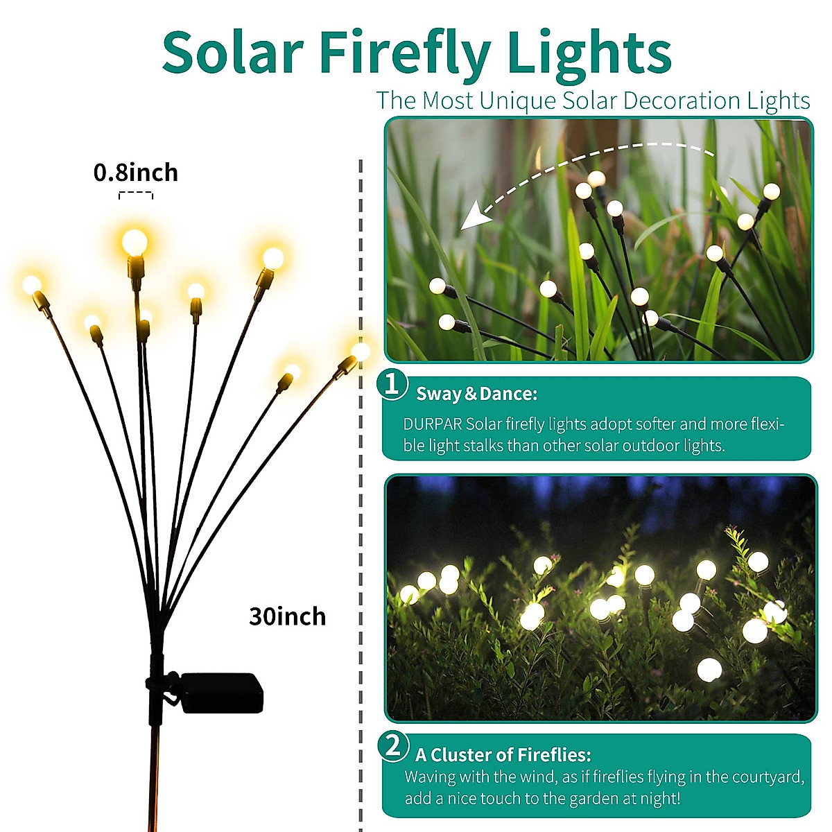 DURPAR Solar Garden Lights, New Upgraded Solar Firefly Lights Outdoor Waterproof, Solar Outdoor Lights, Solar Garden Decorative Lights Yard Patio Pathway Decoration, Warm White (4 Pack)