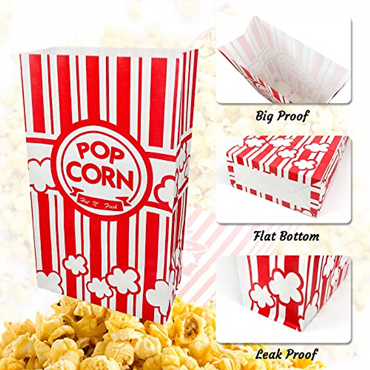 YESMONA 50 Pcs Flat Bottom Popcorn Bags, 2 oz Paper Popcorn Bags for Family Movie Night Baseball Themed Carnival Christmas Birthday Party …