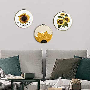 Armindou 3 Sets Embroidery Starter Kits with Sunflower Pattern for Adults Beginners, Floral Stamped Cross Stitch Kit Hand DIY Needlepoint Kit, 3 Embroidery Hoops, 3 Embroidery Fabric, Needles, Threads