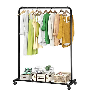 Simple Trending Standard Clothes Clothing Garment Rack with Storage Shelves, Rolling Clothes Organizer on Wheels for Hanging Clothes, Black