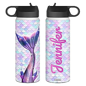 wowcugi Personalized Mermaid Tail Water Bottle Stainless Steel 12oz 18oz 32oz Sports Bottle Reminder Mermaid Gifts For Back To School Birthday Christmas Kids Girls Daughter Sister