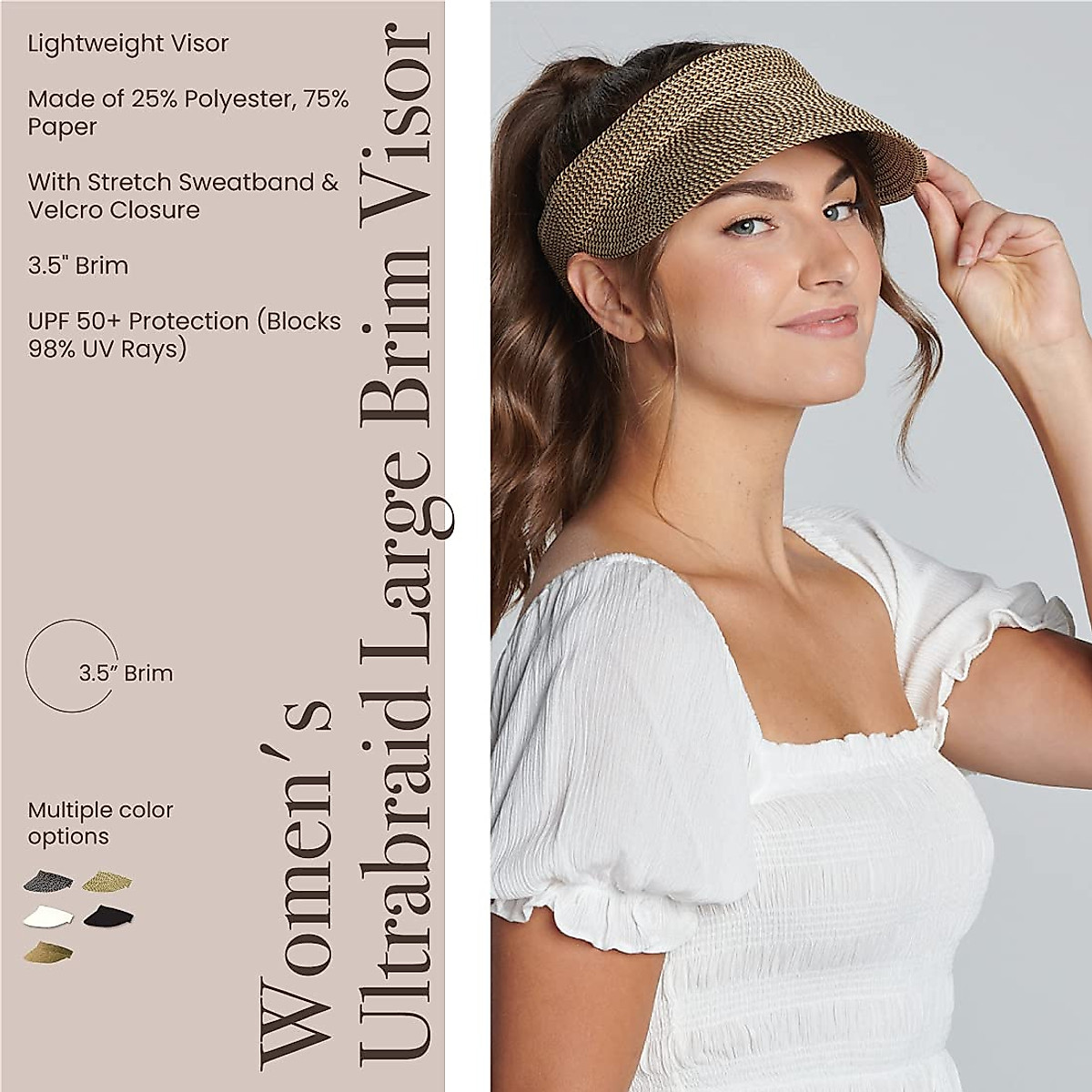 San Diego Hat Company Signature Women's Ultrabraid Large 3.5” Brim Visor with Ribbon Binding & Sweatband, Sun Hats for Women, Mixed Brown, One size