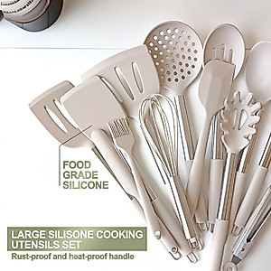 Large Silicone Kitchen Utensils Set, Umite Chef Heat Resistant Cooking Utensil with Stainless Steel Handle, Spatula, Spoon, Khaki Silicone Cooking Utensil for Nonstick Cookware, Dishwasher Safe