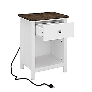 ChooChoo Nightstand with Charging Station, Wooden Top Bedside Table with Drawer and Storage Space for Bedroom, White