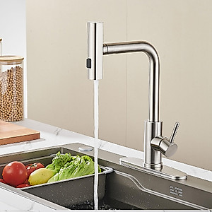AVSIILE Kitchen Faucets with Pull Down Sprayer, Brushed Nickel Waterfall Touch Single Hole Handle Stainless Steel Kitchen Sink Faucet, Commercial Modern Faucets for Pull-Down Sprayer Kitchen Sinks