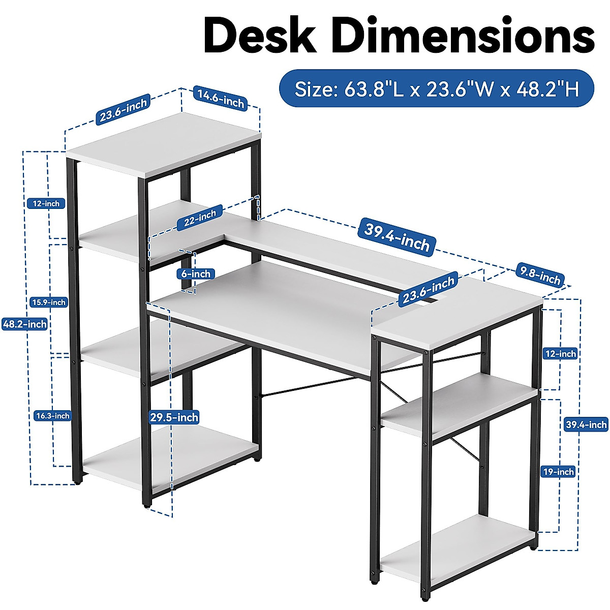 HYPIGO White Computer Desk with Printer Shelf, 63 Inch Industrial Office Desk with Storage Shelves, Writing Workstation with Bookshelf, Study Table for Home Office