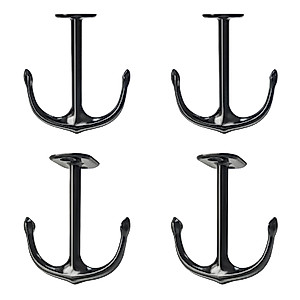 BAMI-LEE House Anchor Shape Zinc Alloy Double Prong Ceiling Hooks, 4-Pack Under Shelf Coat Hooks Hanging Towel Robe Clothes Cap Bathroom Kitchen Cabinet Garage Use (Black)
