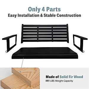 Wooden Porch Swing, Ergonomic Seat, Bench Swing with Hanging Chains and 7mm Springs, Heavy Duty 880 LBS, for Outdoor Patio Garden Yard (Black, 2-Seater Extra Large)