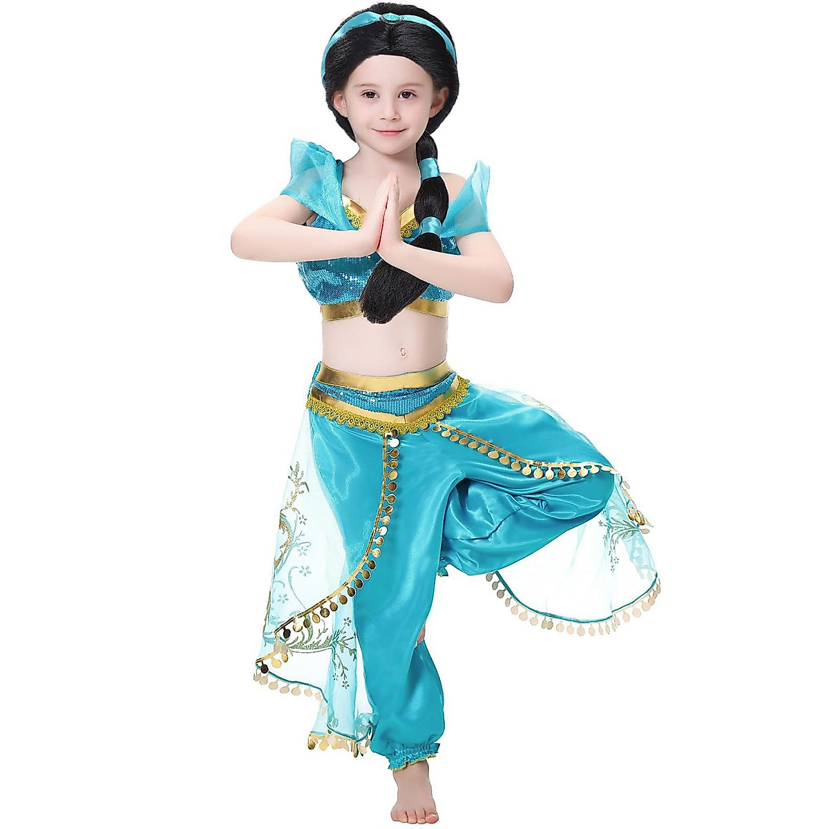 Tacobear Jasmine Costume for Girls Arabian Sequined Jasmine Dress up with Wig Tiara Wand Cosplay for Kids (130(5-6T), 01 Jasmine Costume with Wig)